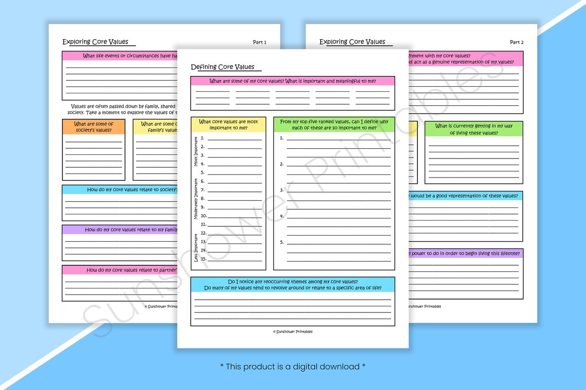 Core Value Exploration Printable Worksheets List of Guiding - Etsy