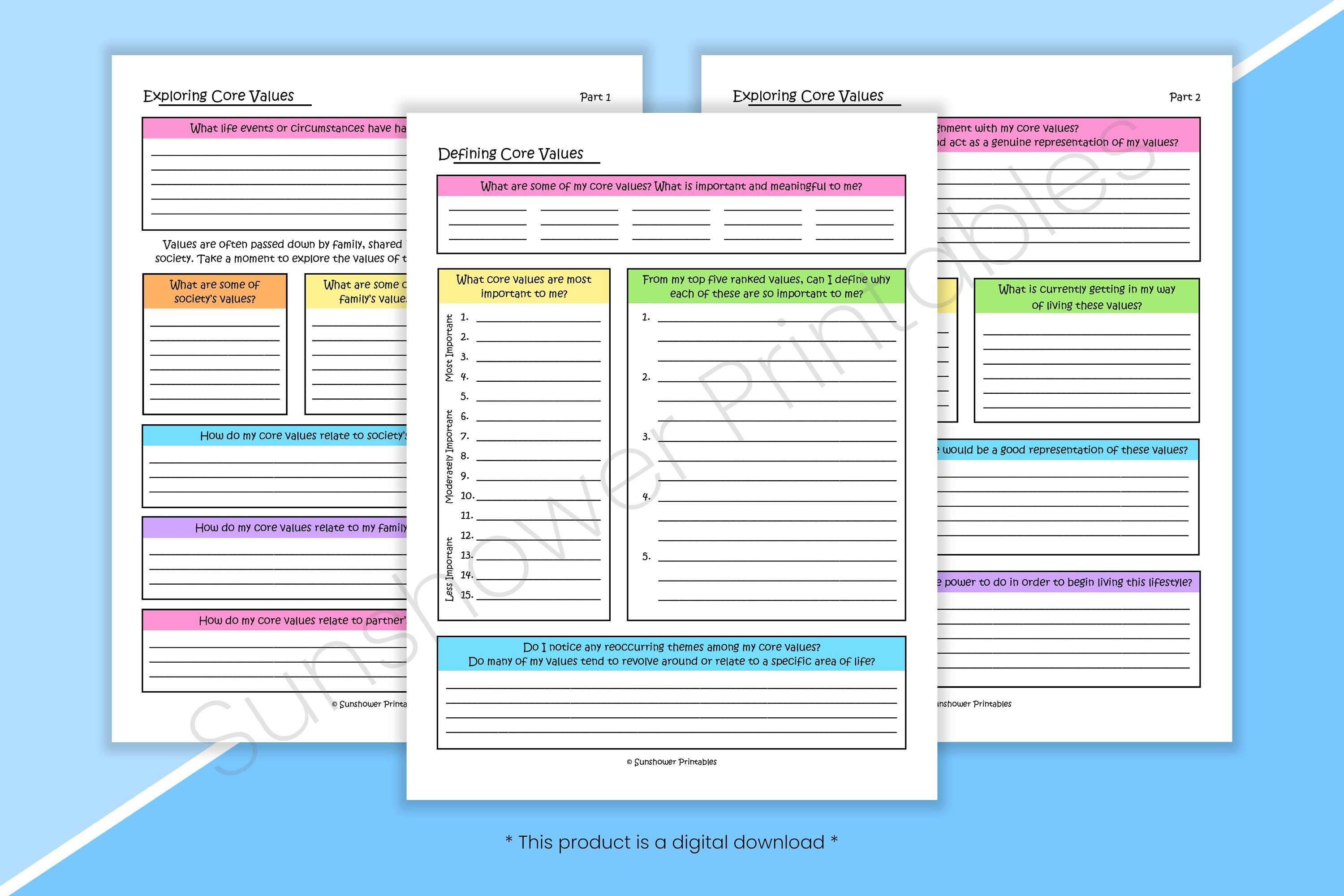 Core Value Exploration Printable Worksheets List Of Guiding Etsy