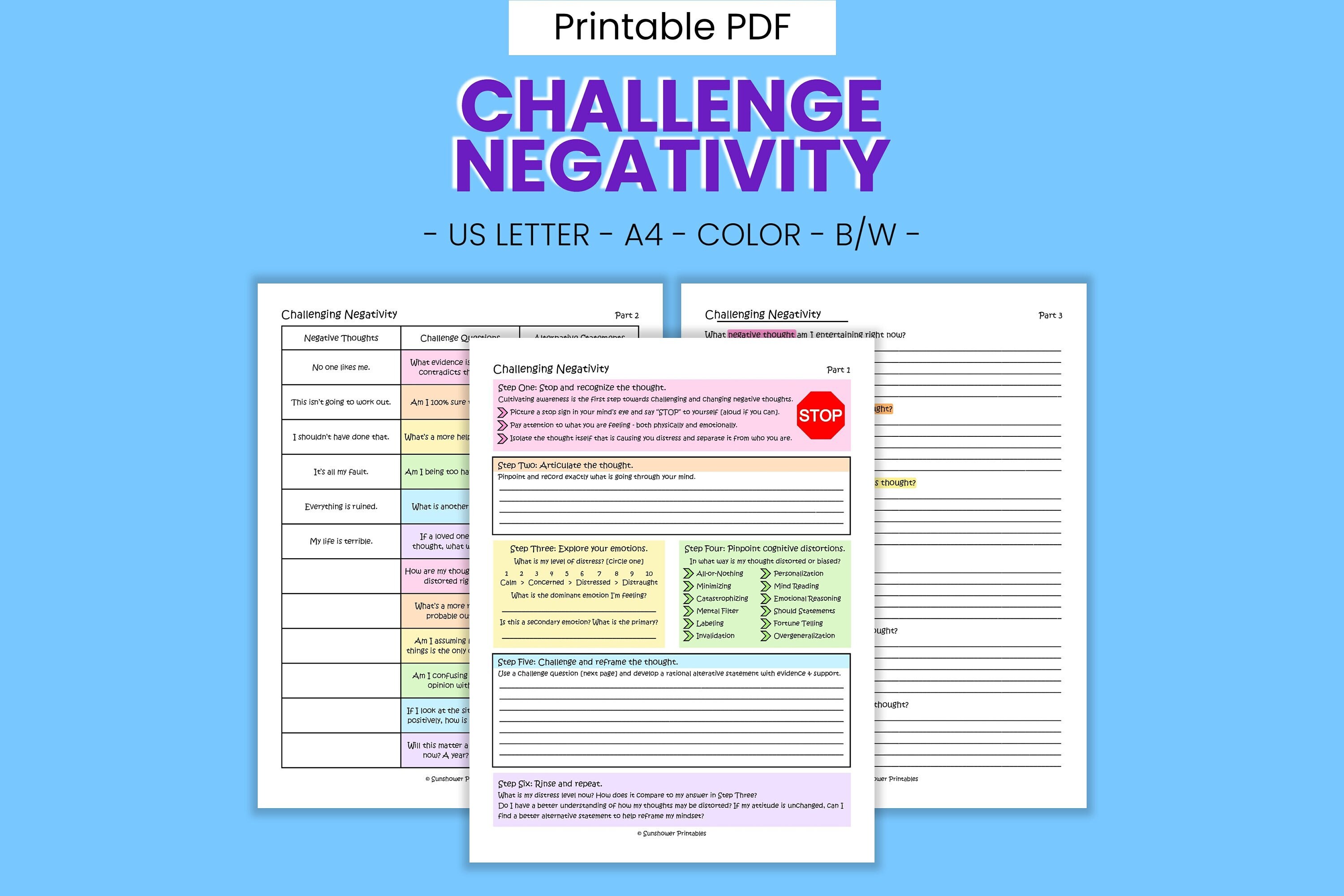 Challenge Negative Thinking Printable Worksheets - Boost Self-esteem ...