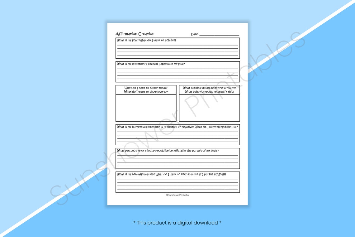 Affirmation Creation Printable Therapy Worksheet Boost Self-esteem ...
