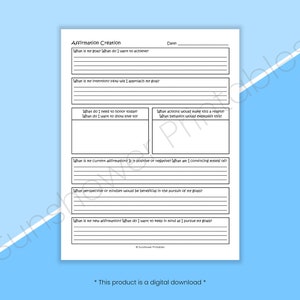 Affirmation Creation Printable Therapy Worksheet - Boost Self-esteem ...