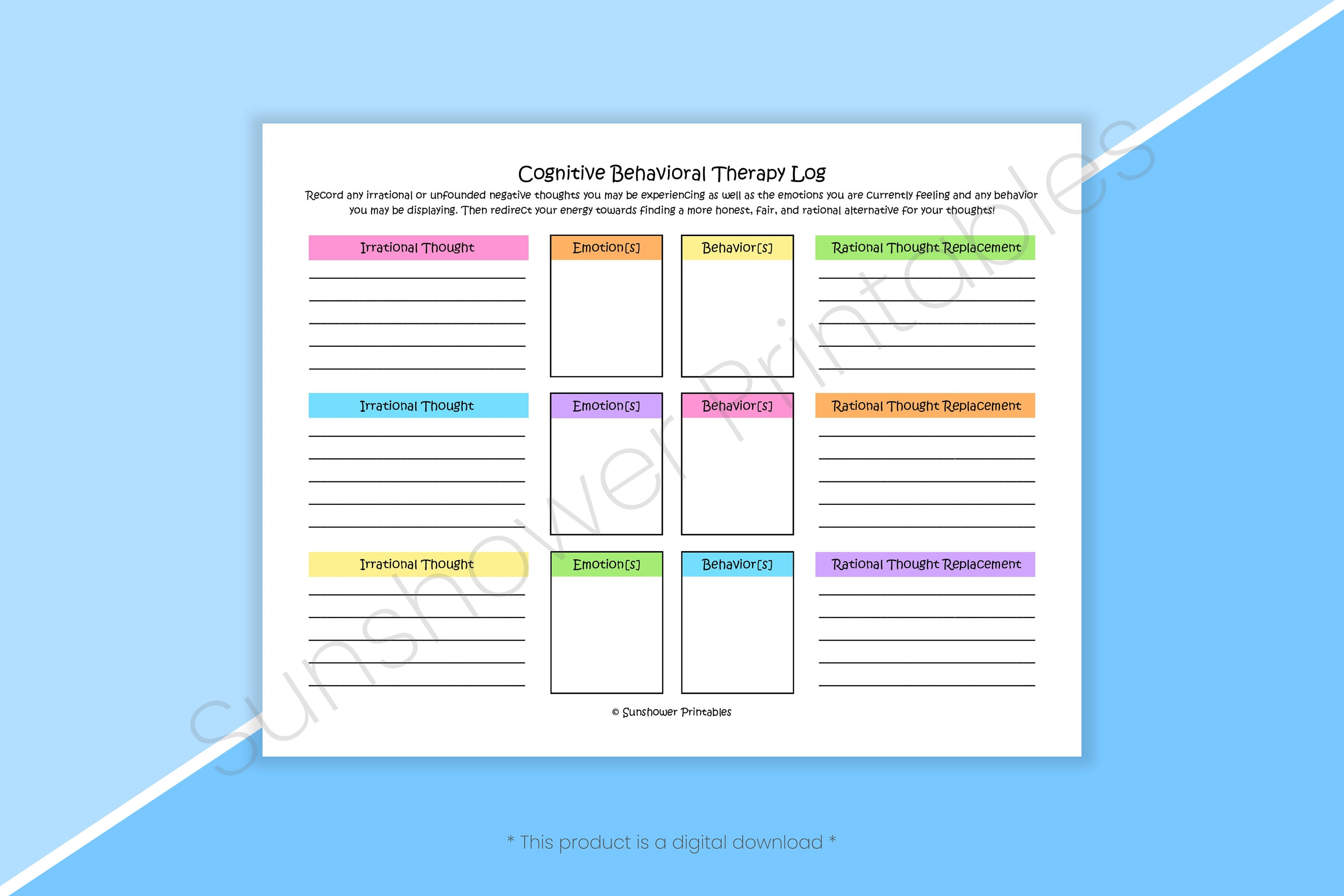 Cognitive Behavior Therapy Thought Log Printable Emotion Processing ...