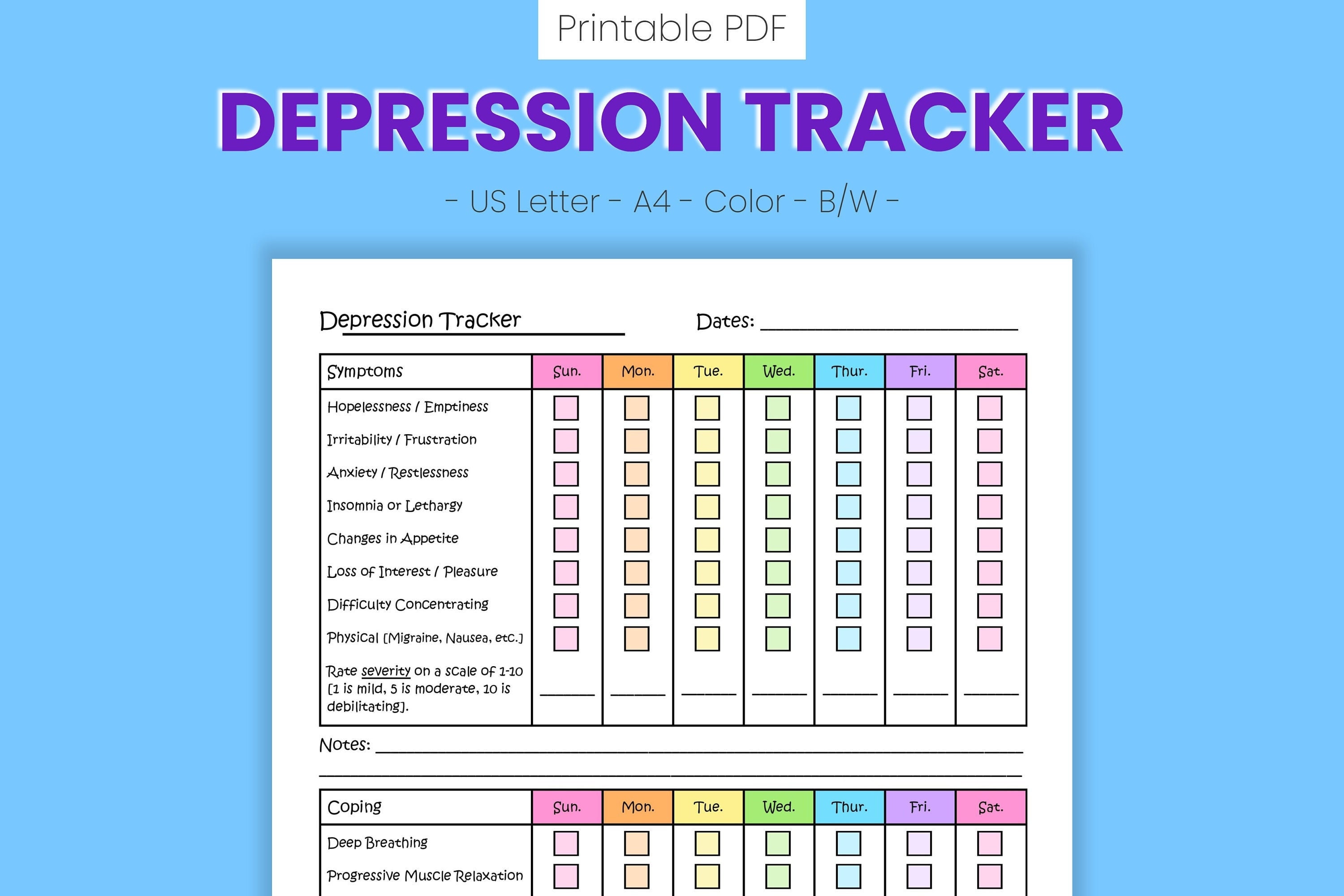 Depression Tracker Printable Weekly Chart Mental Health Log - Etsy