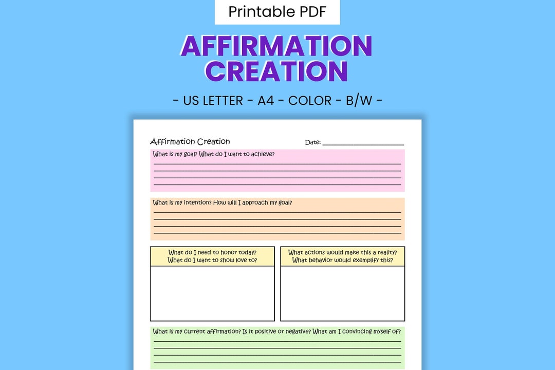 Affirmation Creation Printable Therapy Worksheet - Boost Self-esteem ...
