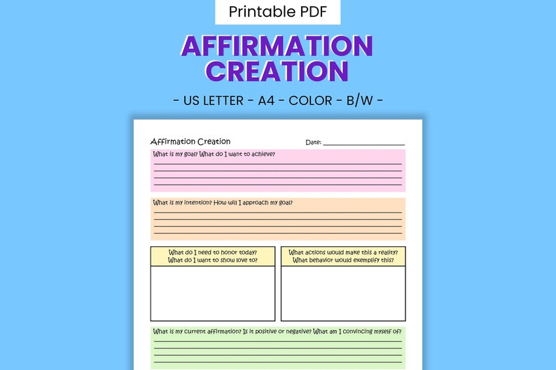 Affirmation Creation Printable Therapy Worksheet Boost Self-esteem ...