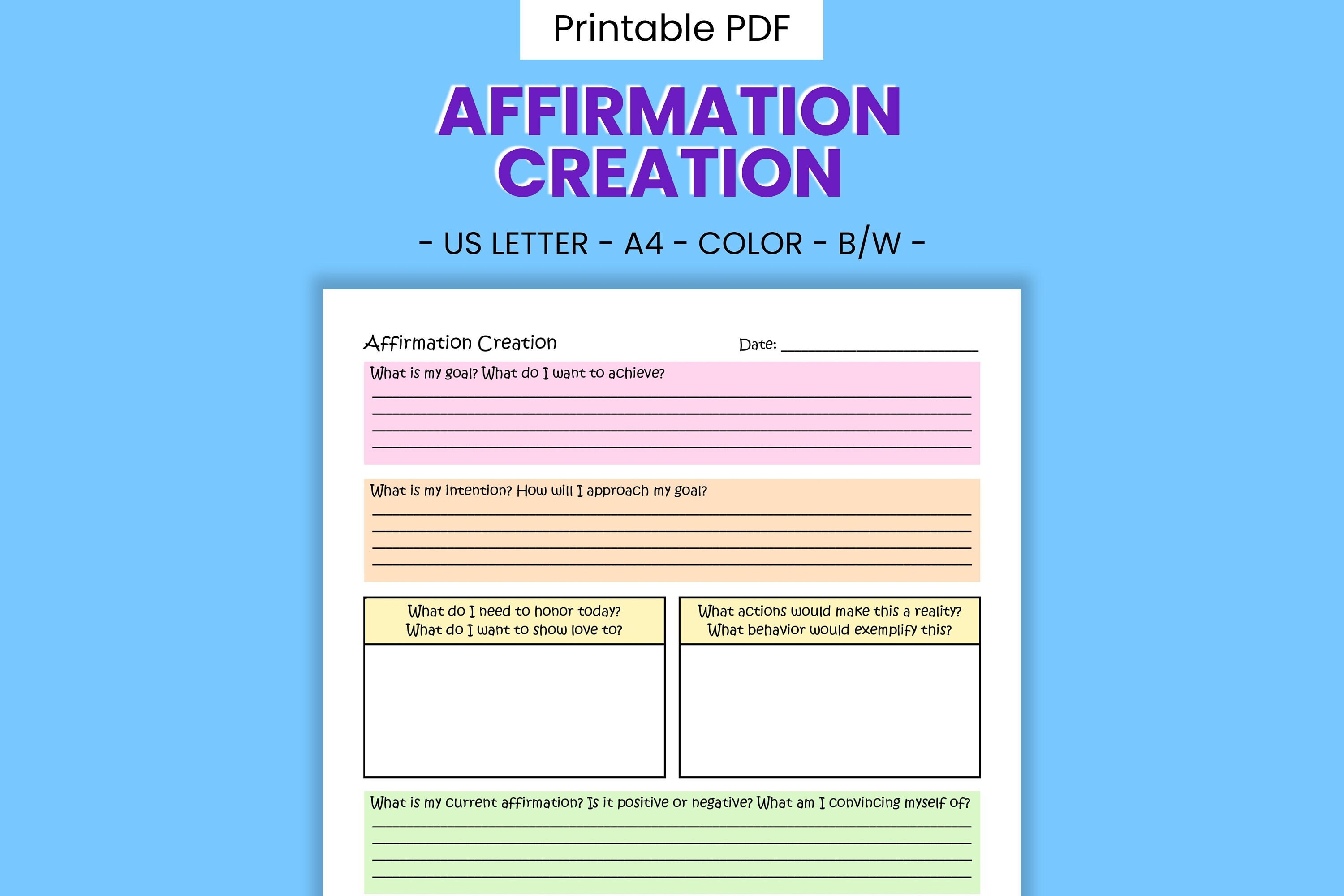 Affirmation Creation Printable Therapy Worksheet Boost Self-esteem ...