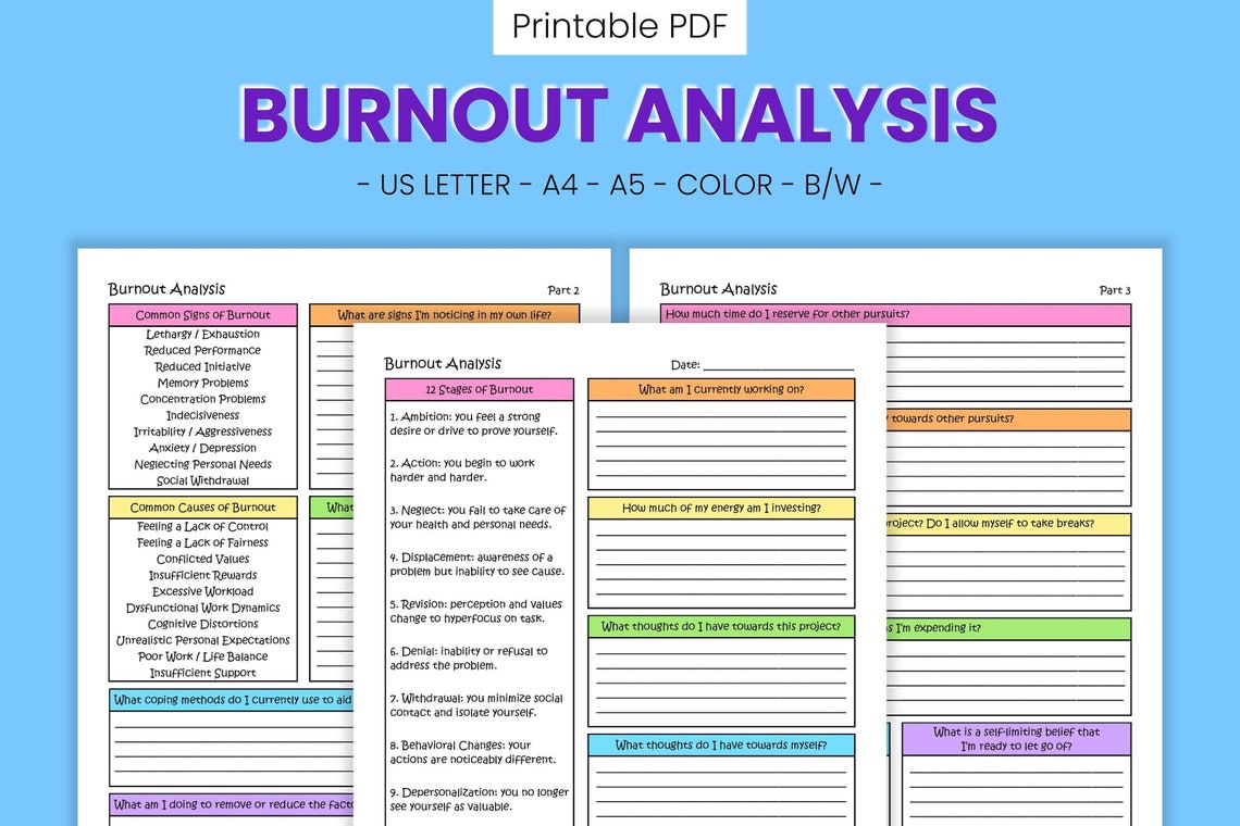 Burnout Analysis Self-help Worksheets Printable Therapy - Etsy