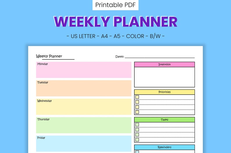 Weekly Planner Printable List Intention Setting Daily - Etsy