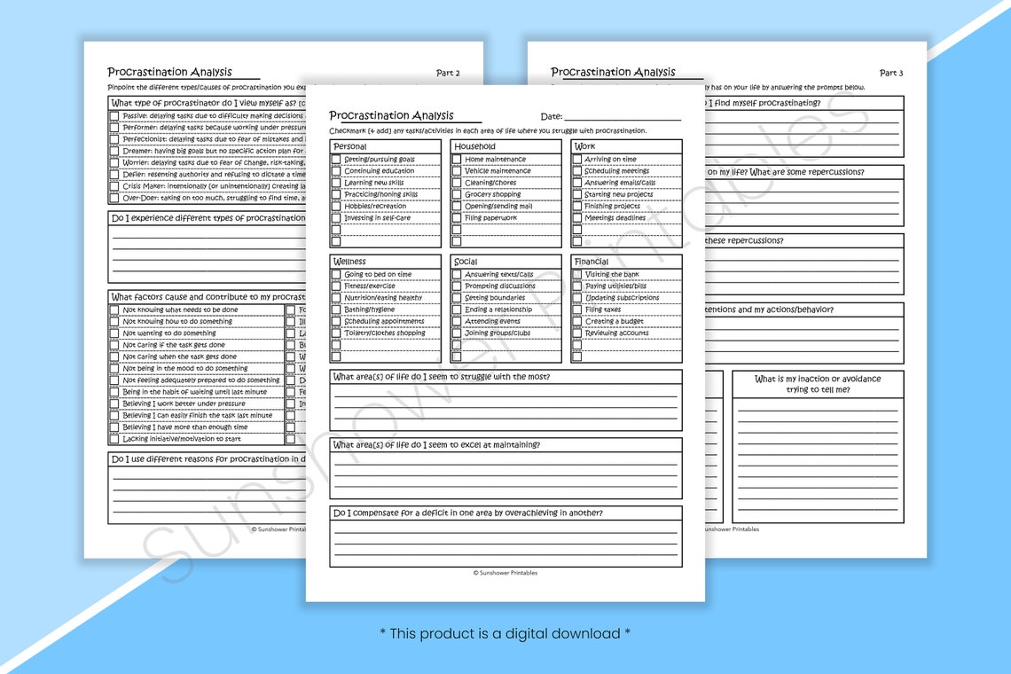 Procrastination Analysis Printable Worksheets ADHD Behavior - Etsy