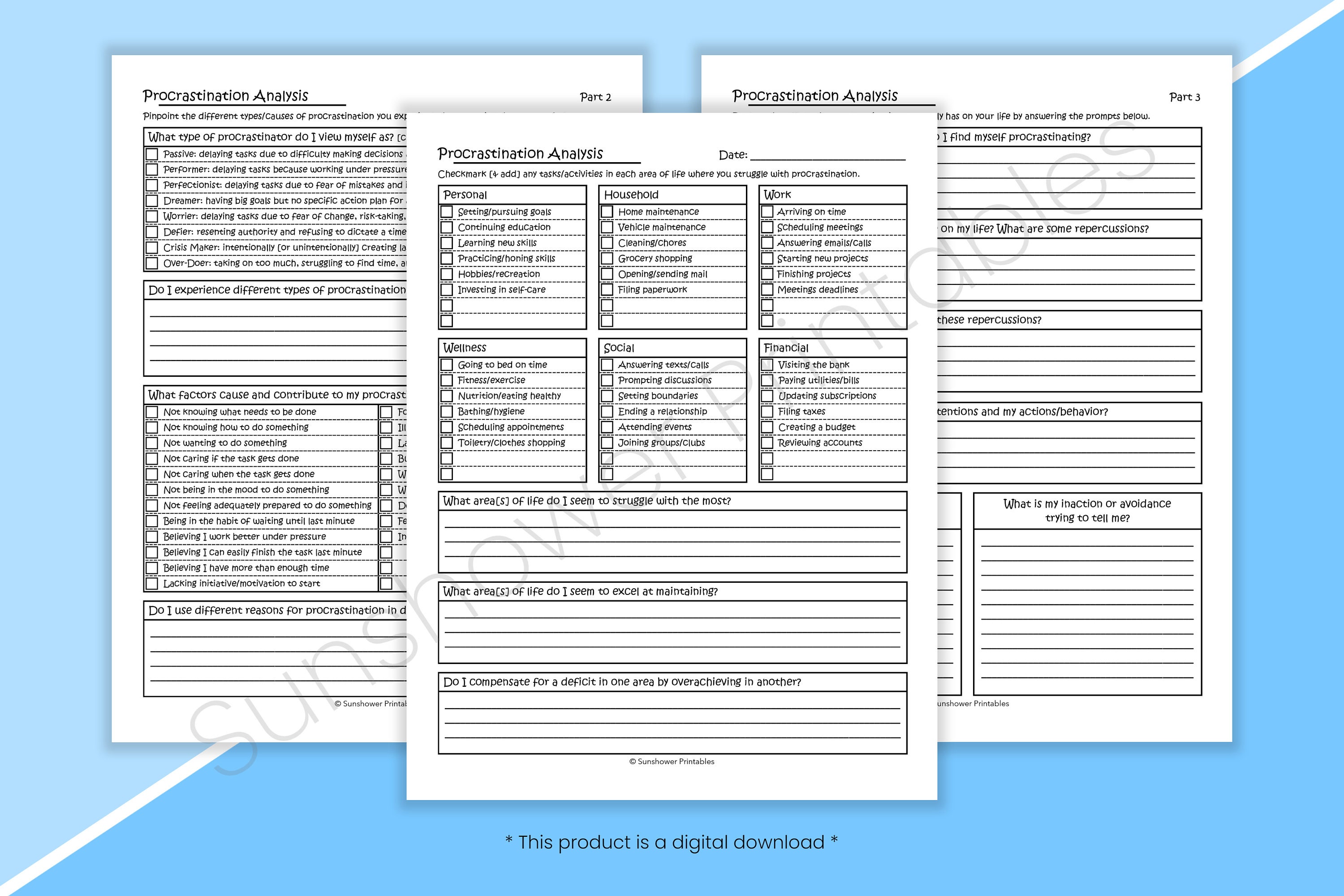 Procrastination Analysis Printable Worksheets ADHD Behavior - Etsy