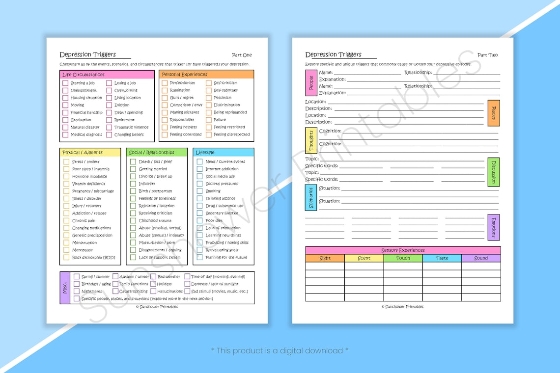 Depression Triggers Printable Checklist Self Awareness Worksheet ...