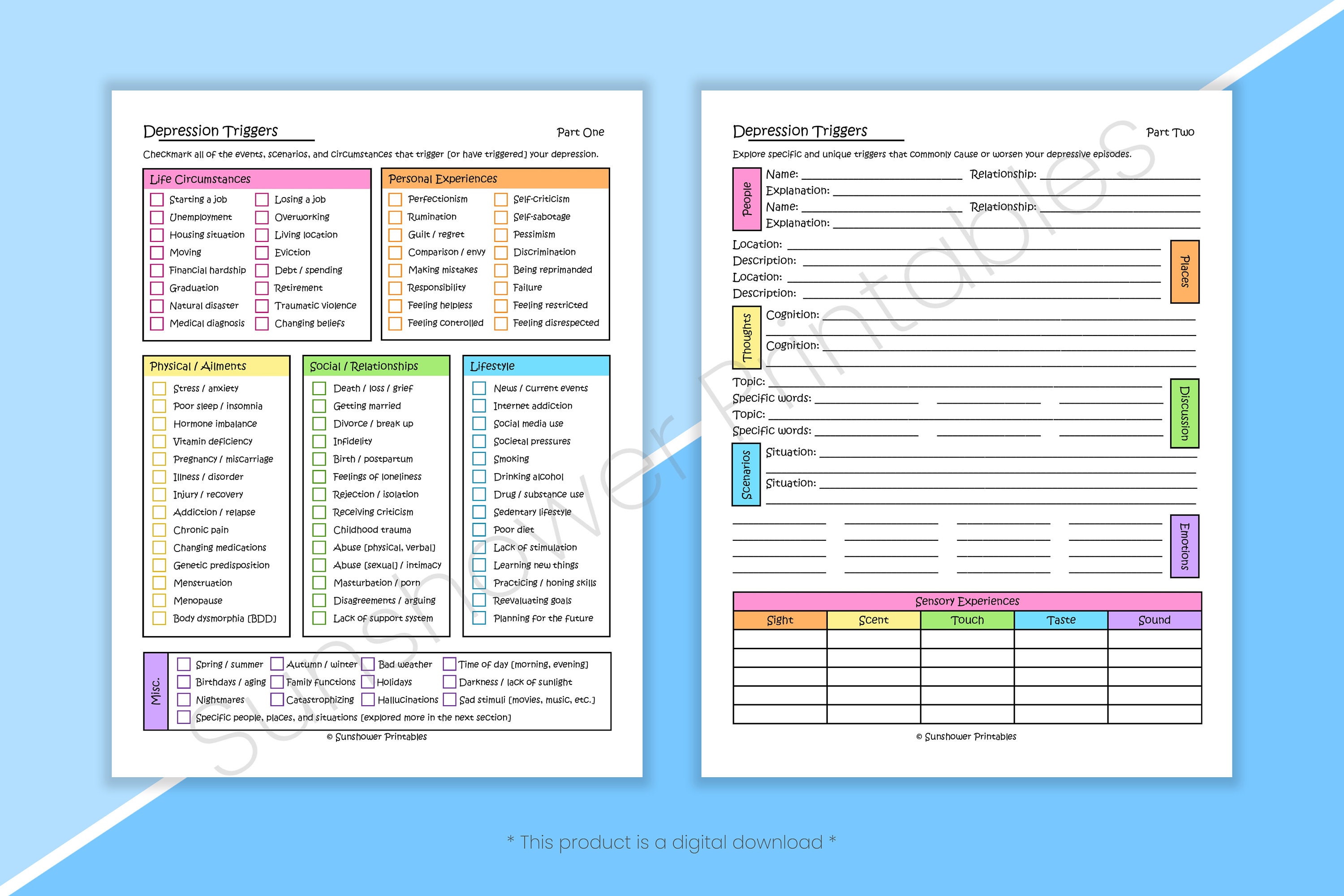 Depression Triggers Printable Checklist Self Awareness Worksheet ...