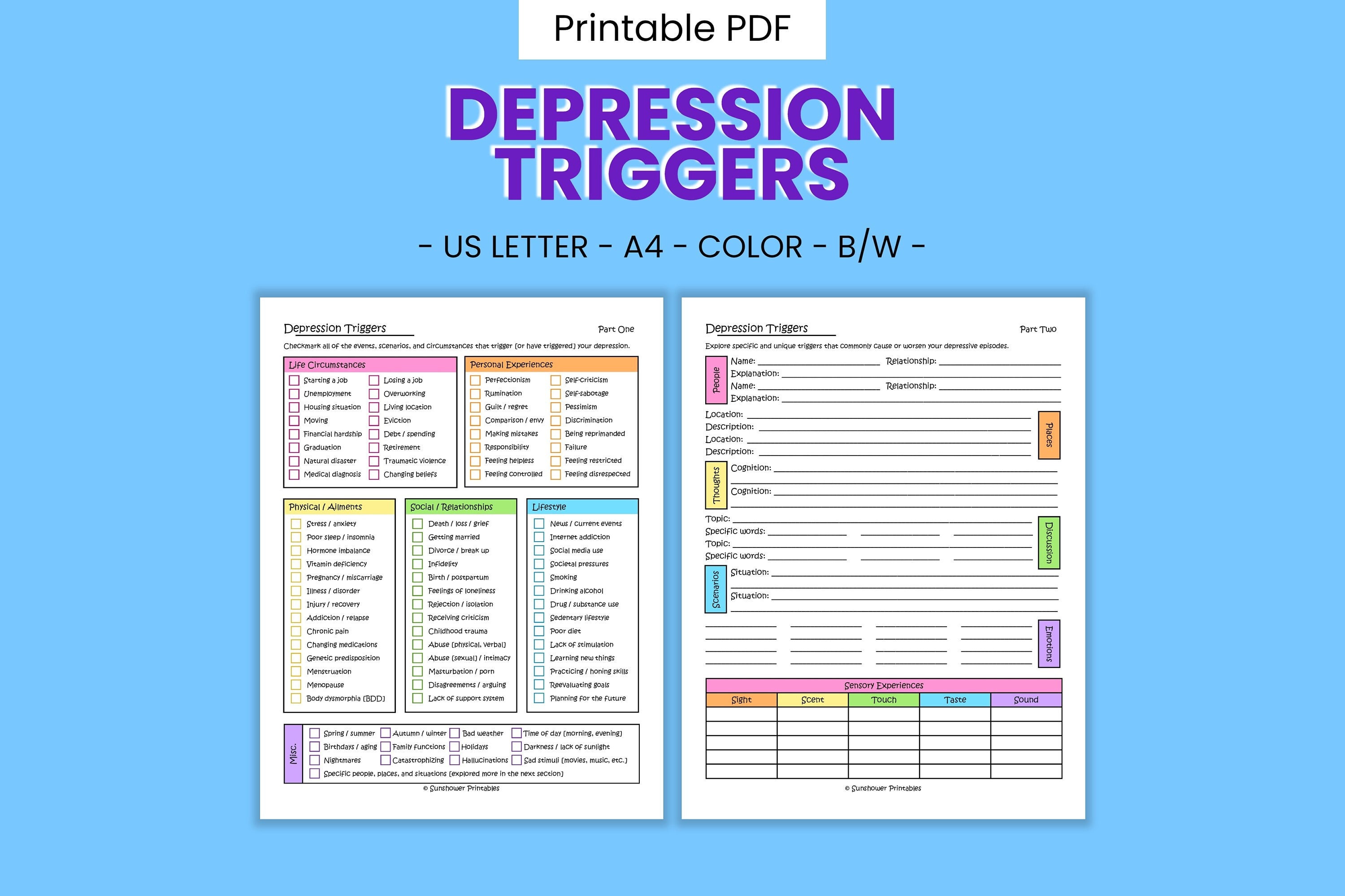 Depression Triggers Printable Checklist Self Awareness Worksheet ...