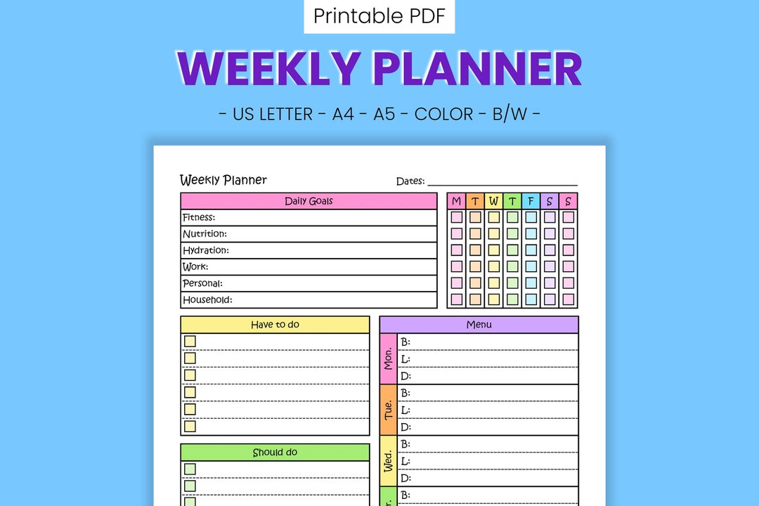 Weekly Planner Printable Schedule Template Colorful Task - Etsy