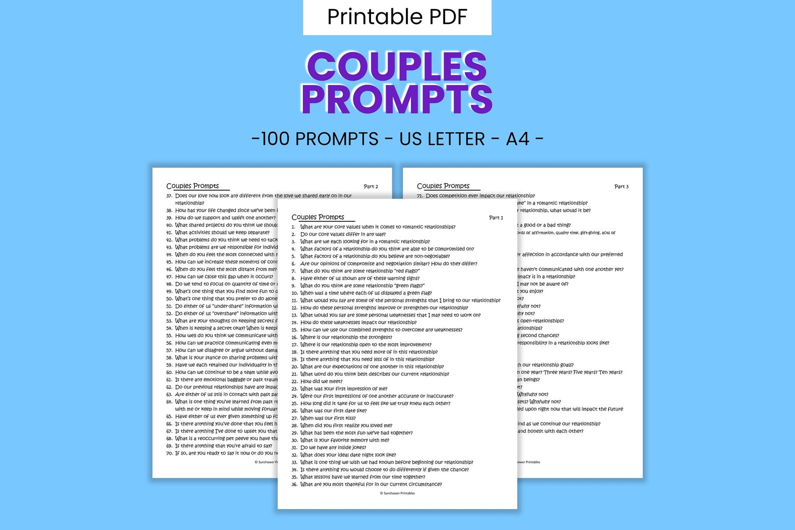Couples Conversation Starter Prompts 100 Printable Questions, Romantic ...