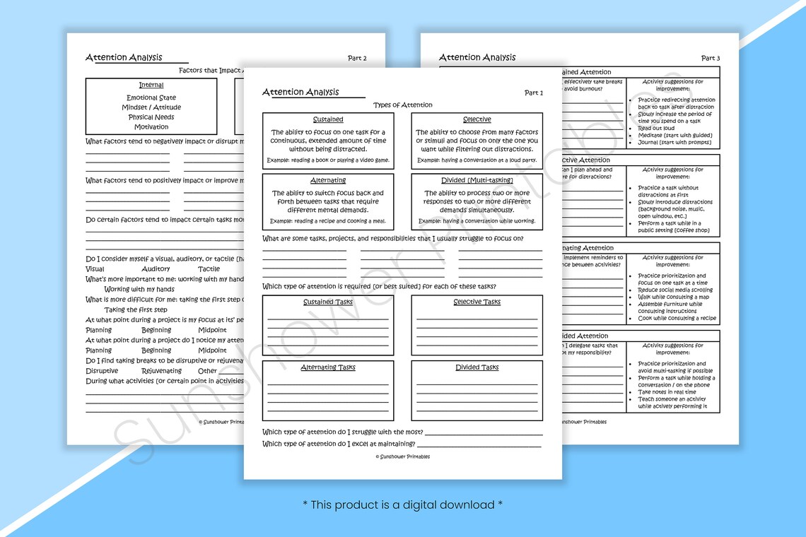 Attention Analysis Printable Focus Worksheets Productivity - Etsy