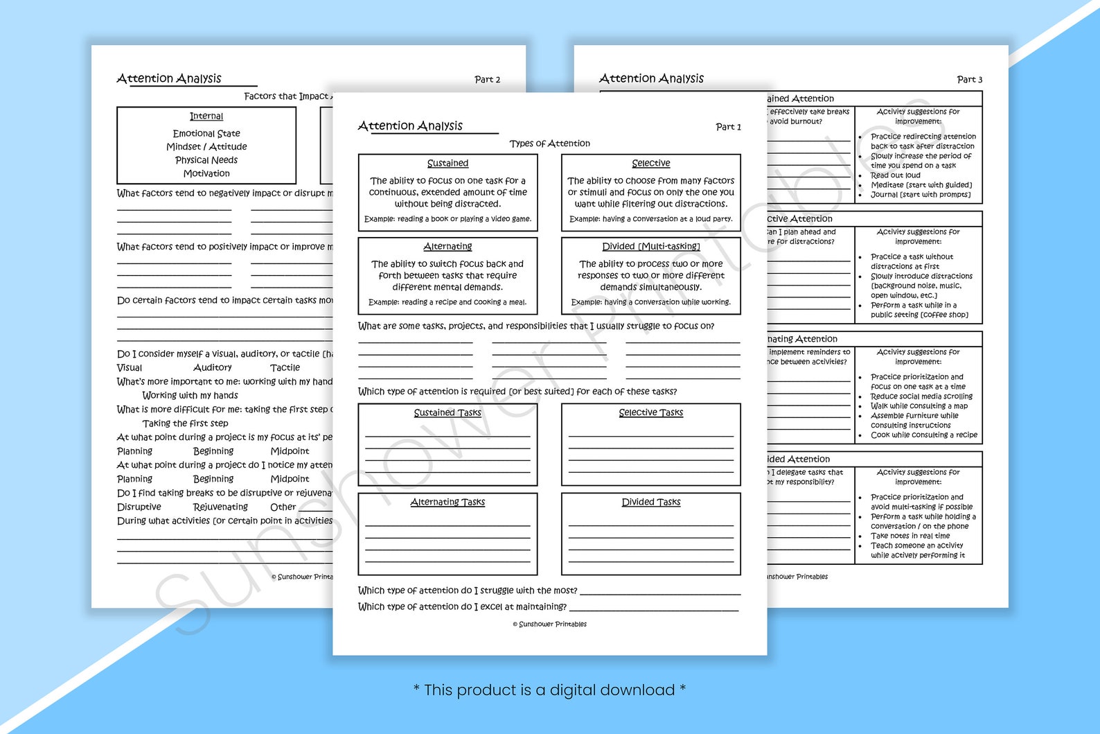 Attention Analysis Printable Focus Worksheets Productivity - Etsy