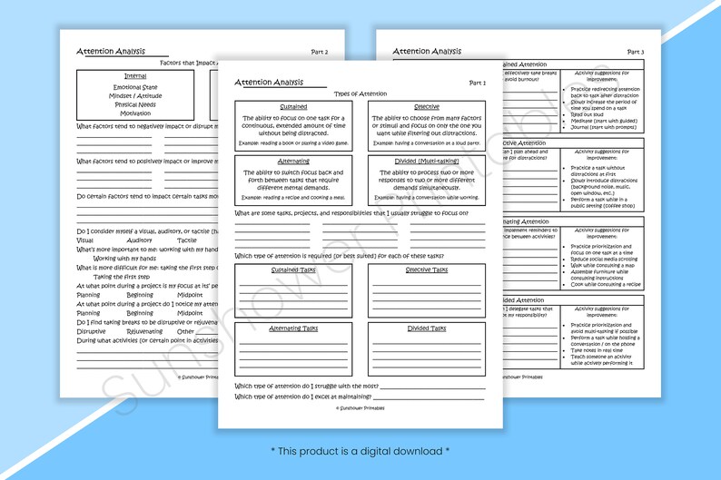 Attention Analysis Printable Focus Worksheets Productivity - Etsy