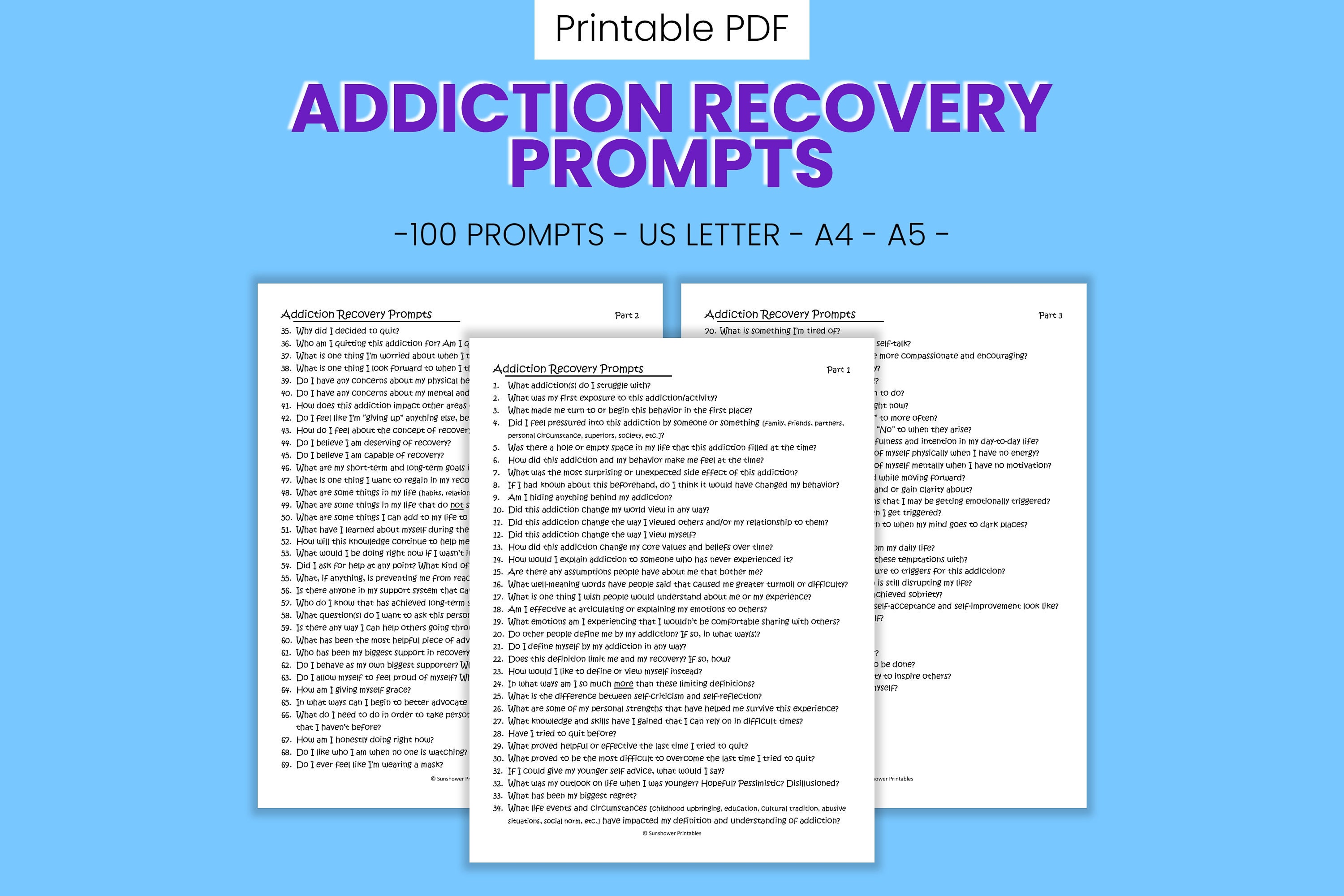 Addiction Recovery Journal Writing Prompts 100 Printable - Etsy