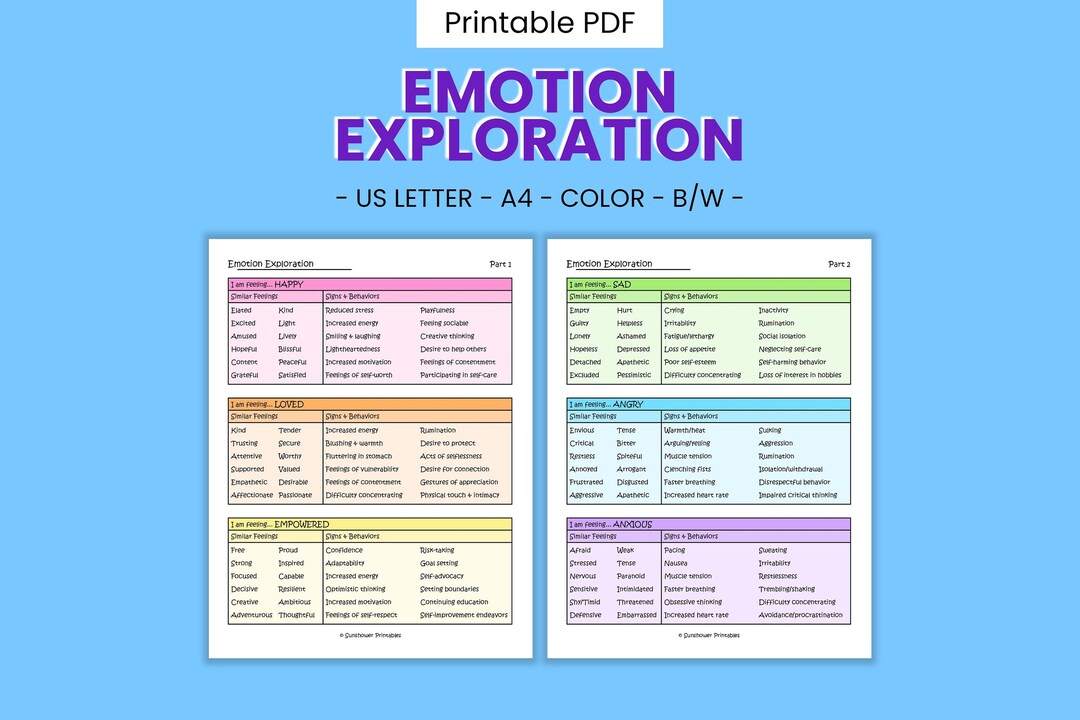 Emotion Exploration Printable Worksheets - List of Feelings, Mood ...