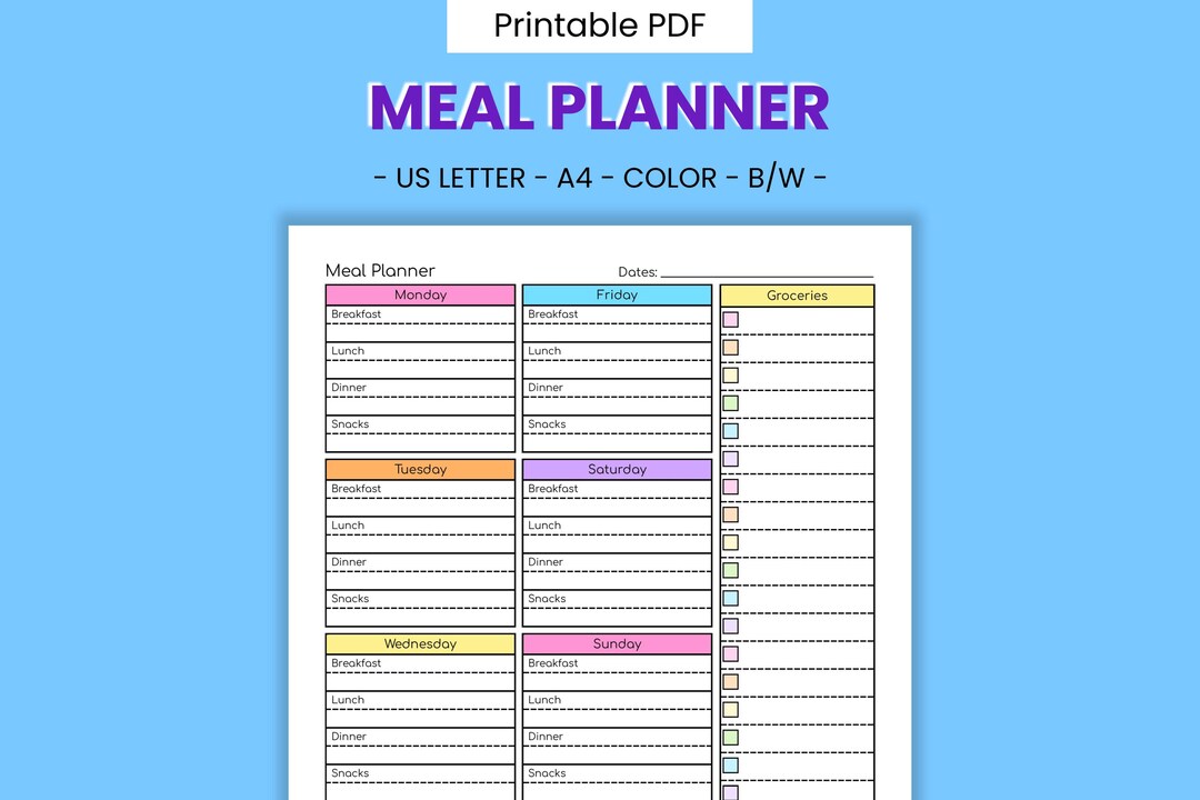Meal Planner Printable Diet Aid - Nutrition Tracker, Meal Prep & Food ...