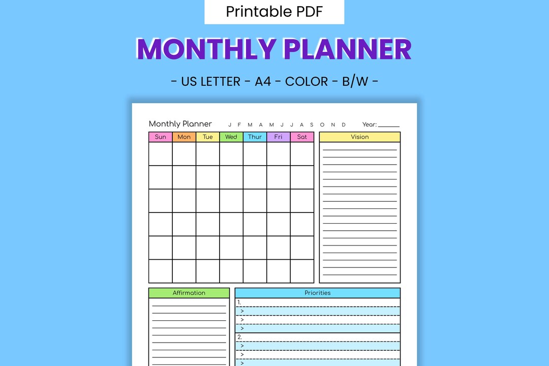 Monthly Planner Printable Schedule - Priority Task List, Vision ...