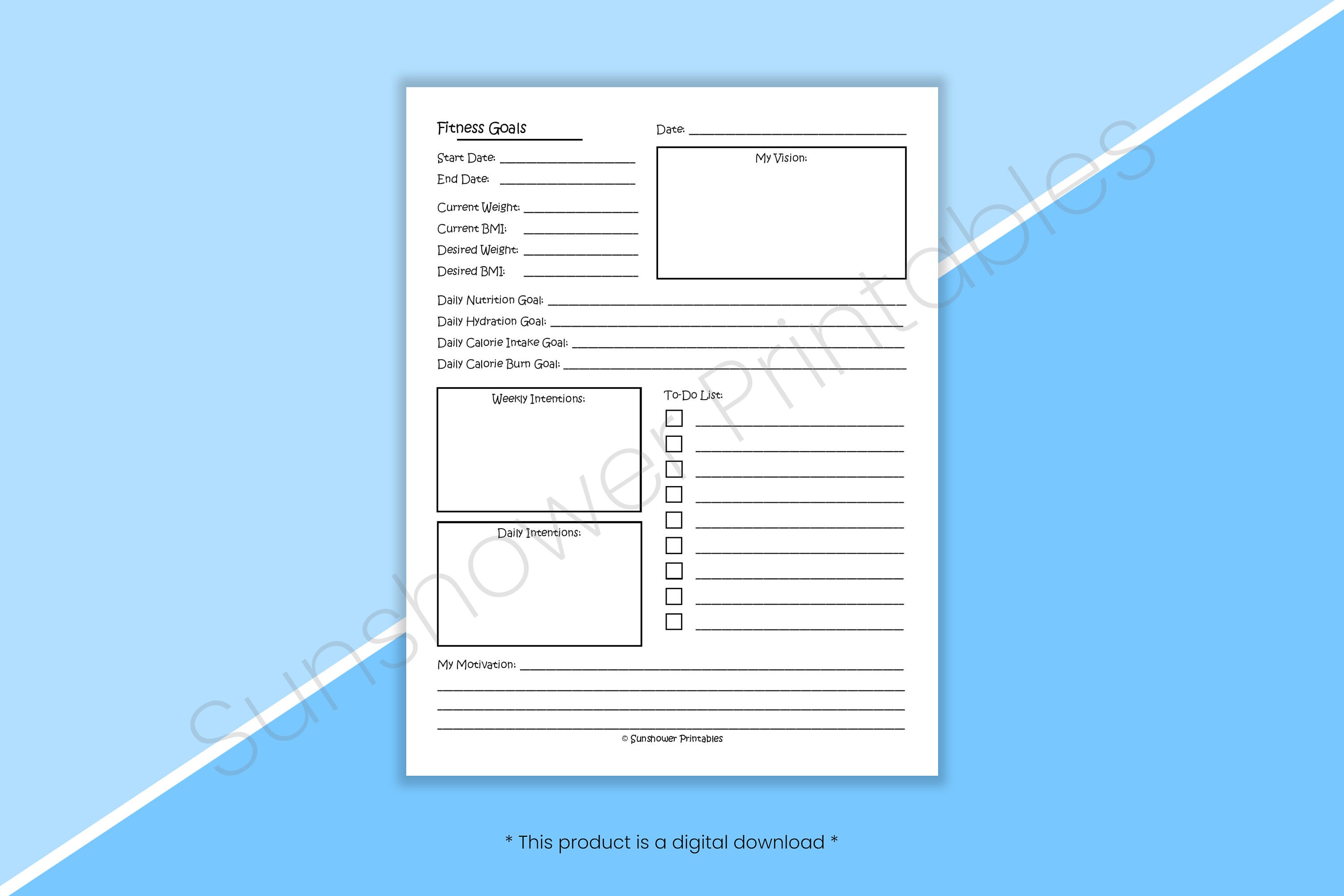 Fitness Goal Setting Journal Page - Printable Daily Intentions, Habit ...