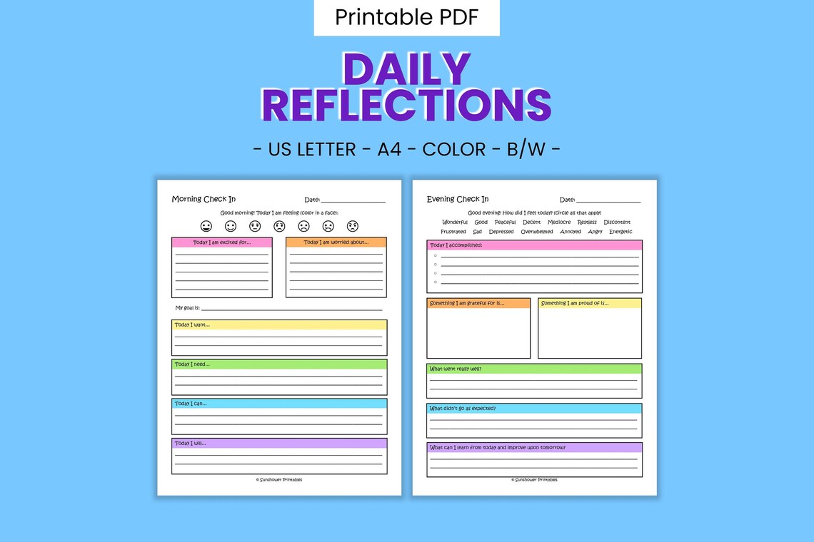 Daily Reflection Journal Pages Printable Check In, Morning & Evening ...