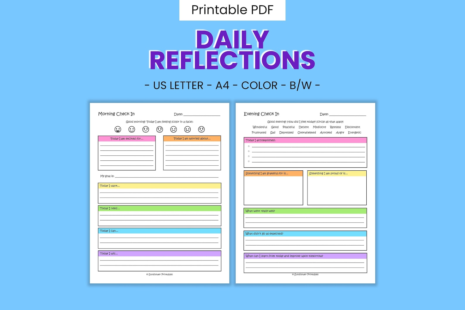 Daily Reflection Journal Pages Printable Check In, Morning & Evening ...