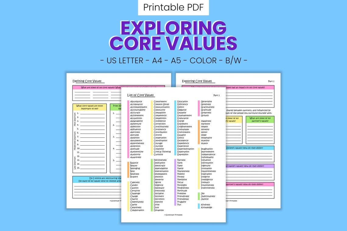 Core Value Exploration Printable Worksheets List of Guiding - Etsy