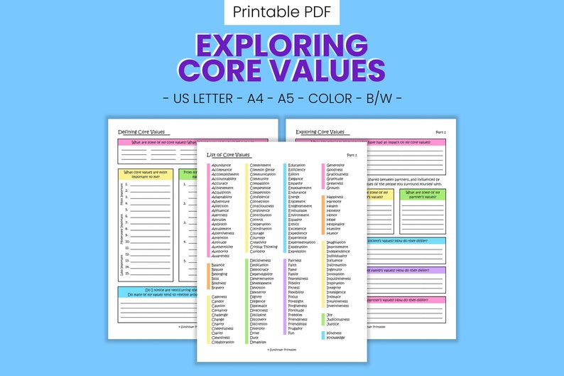 Core Value Exploration Printable Worksheets List of Guiding - Etsy