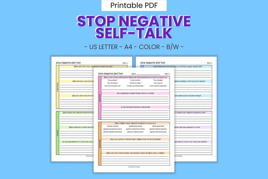Stop Negative Self-talk Printable Worksheets - Thought Therapy ...