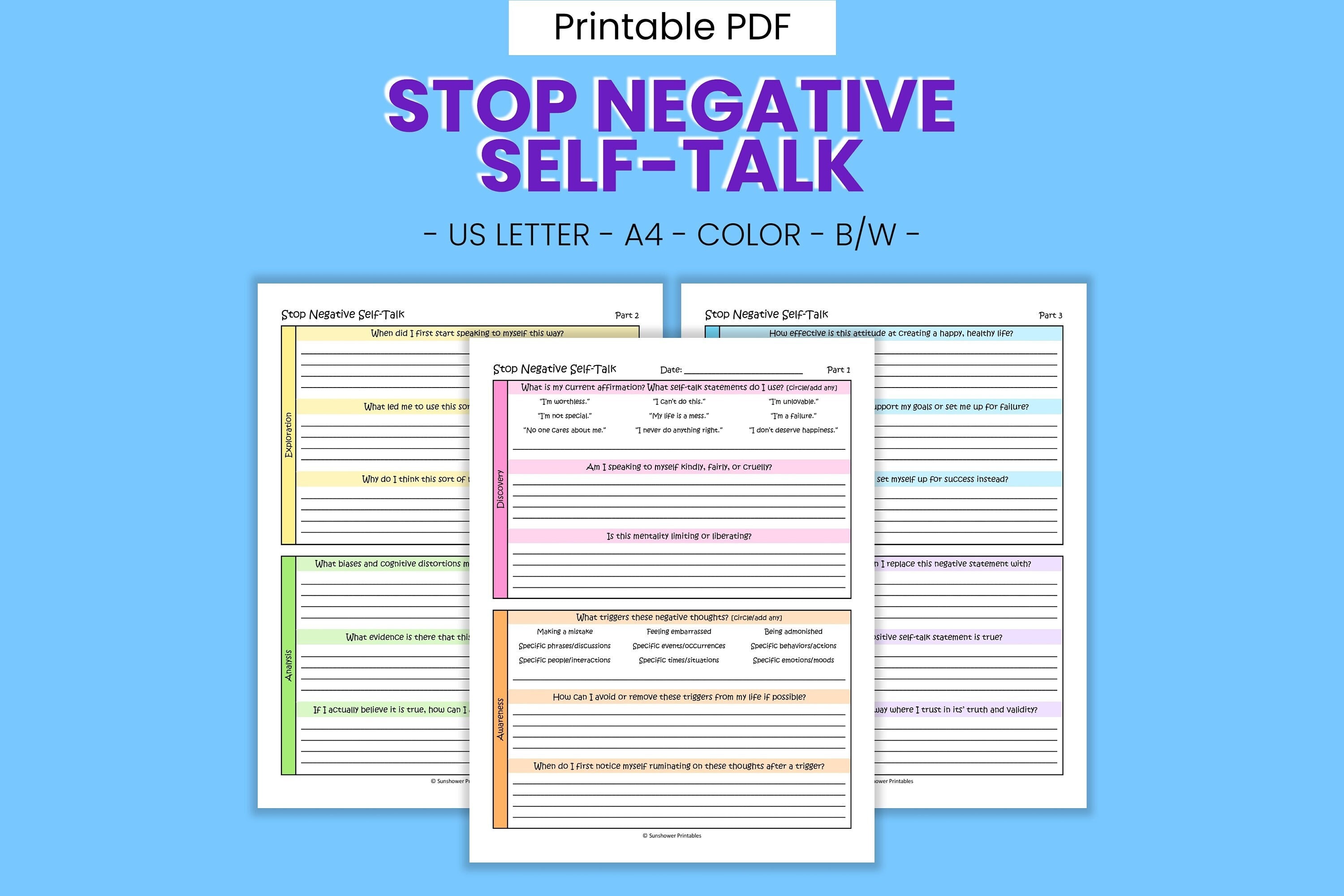 Stop Negative Self-talk Printable Worksheets - Thought Therapy ...