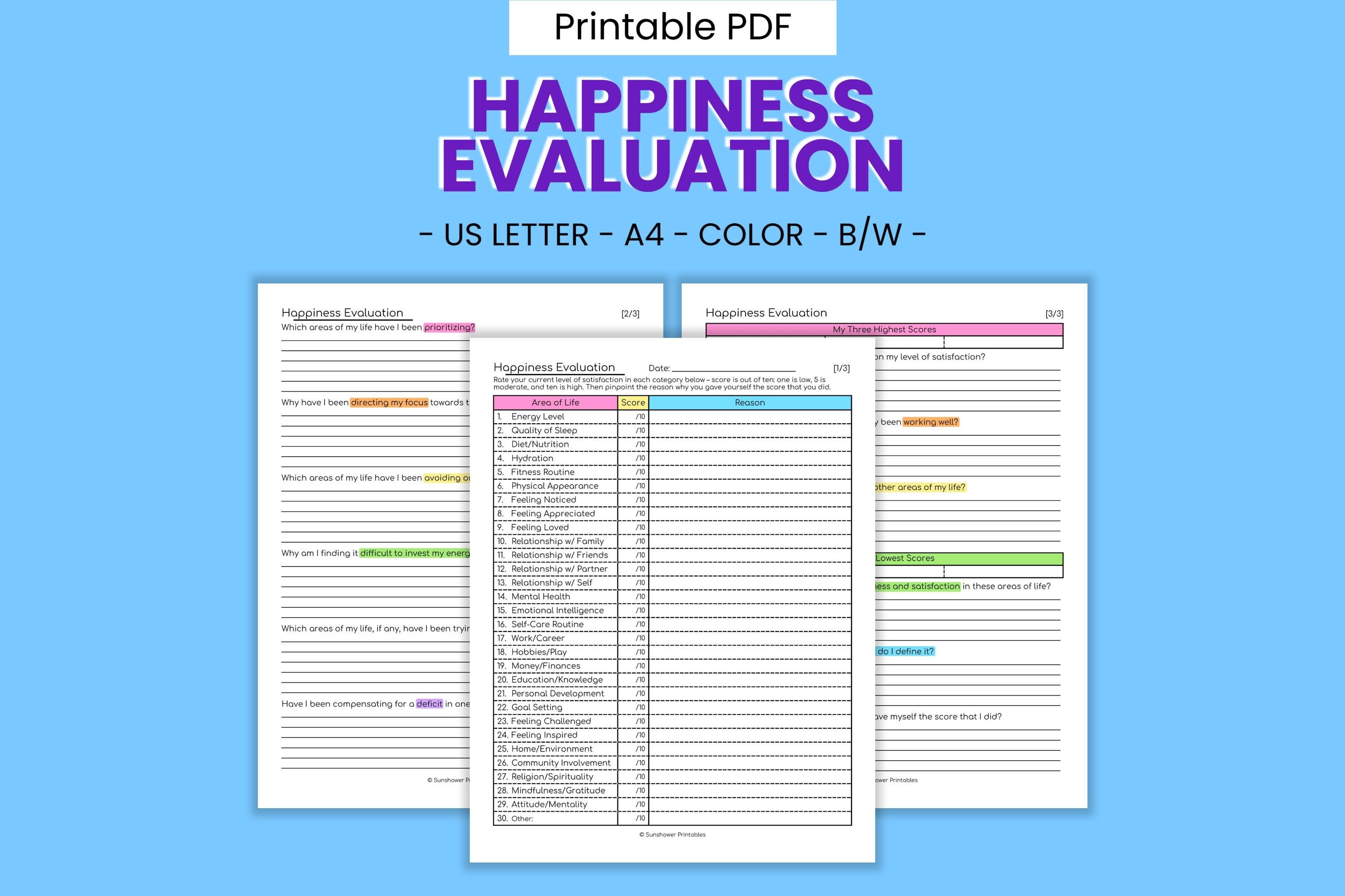 Happiness Evaluation Printable Worksheets - Life Satisfaction ...