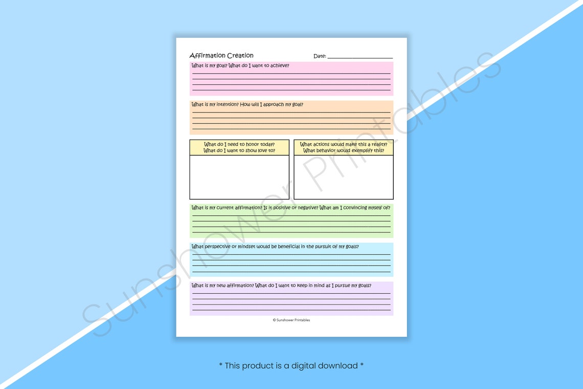 Affirmation Creation Printable Therapy Worksheet Boost Self-esteem ...