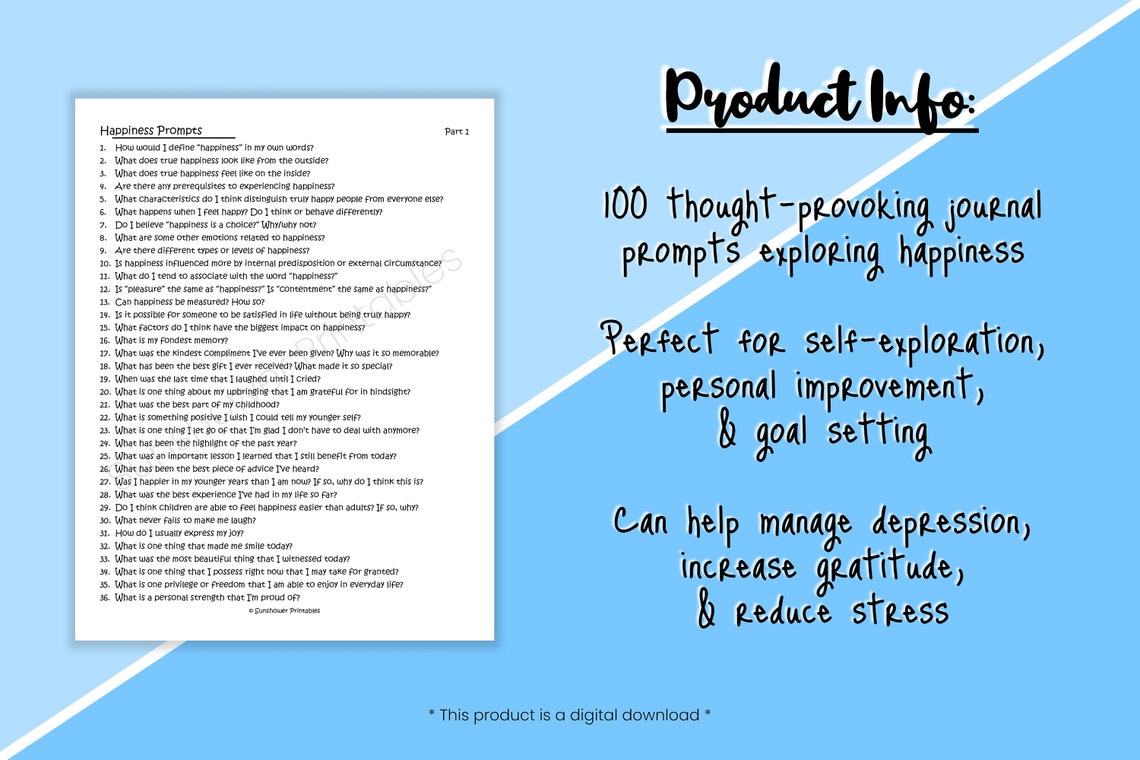 Happiness Journal Writing Prompts 100 Printable Questions - Etsy
