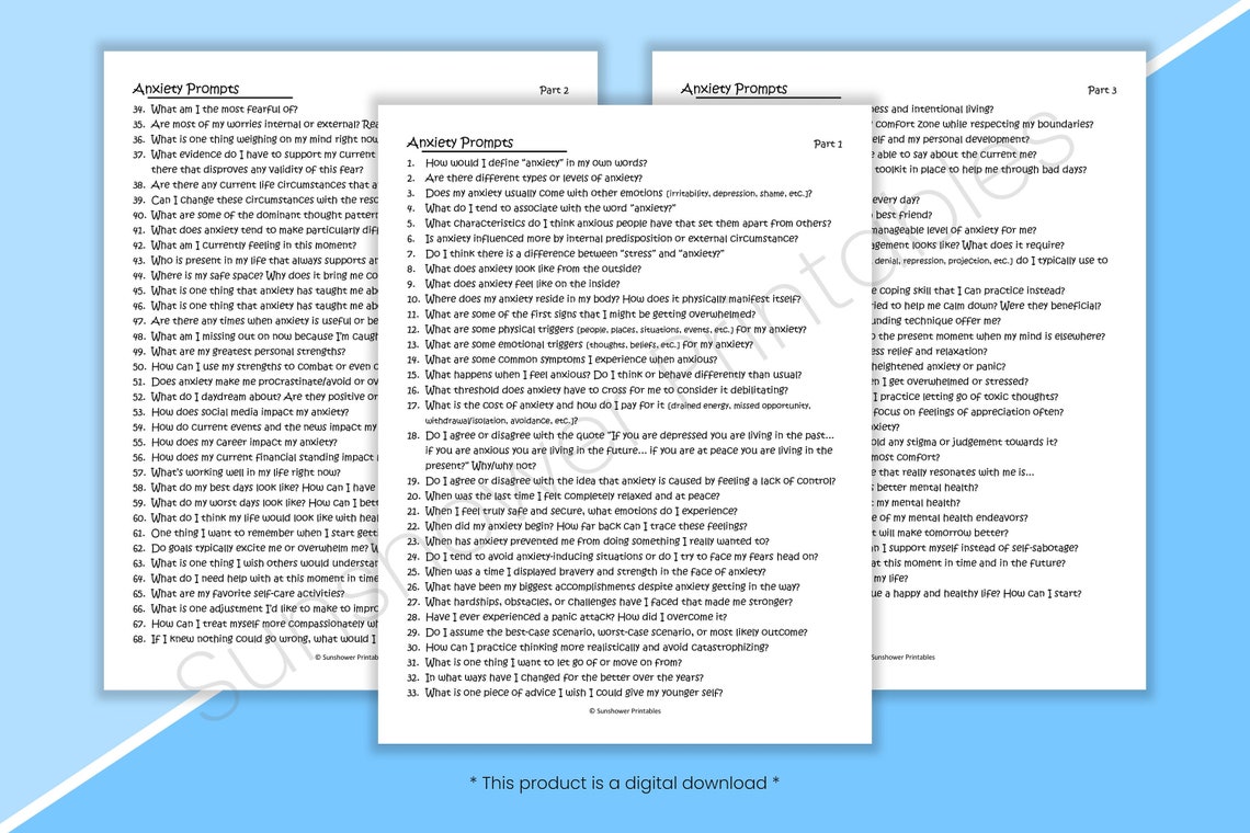 Anxiety Journal Writing Prompts 100 Printable Questions - Etsy