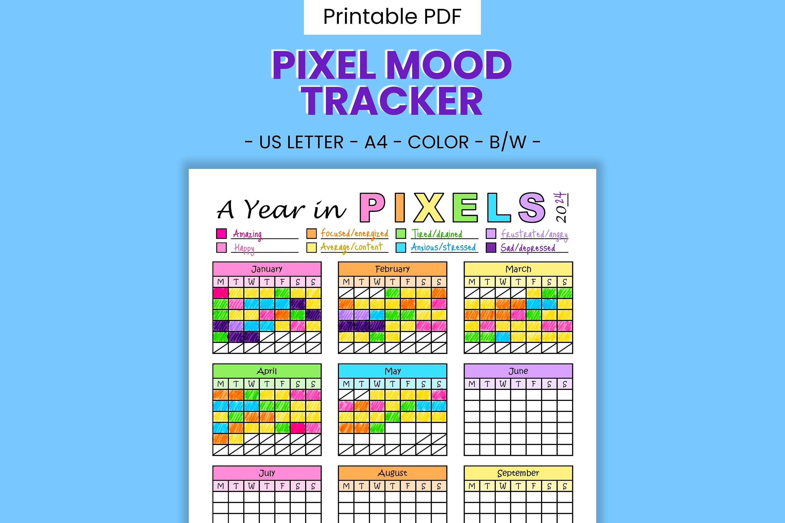 Printable Pixel Mood Tracker Bipolar & Depression Coping, Art Therapy ...