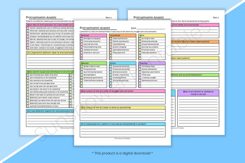Procrastination Analysis Printable Worksheets ADHD Behavior - Etsy