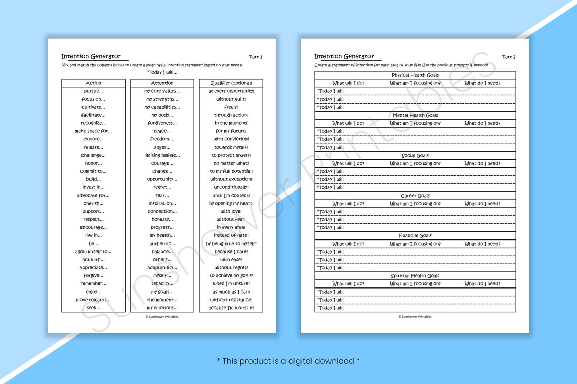 Intention Generator Printable Worksheet Intention Statement Setting ...