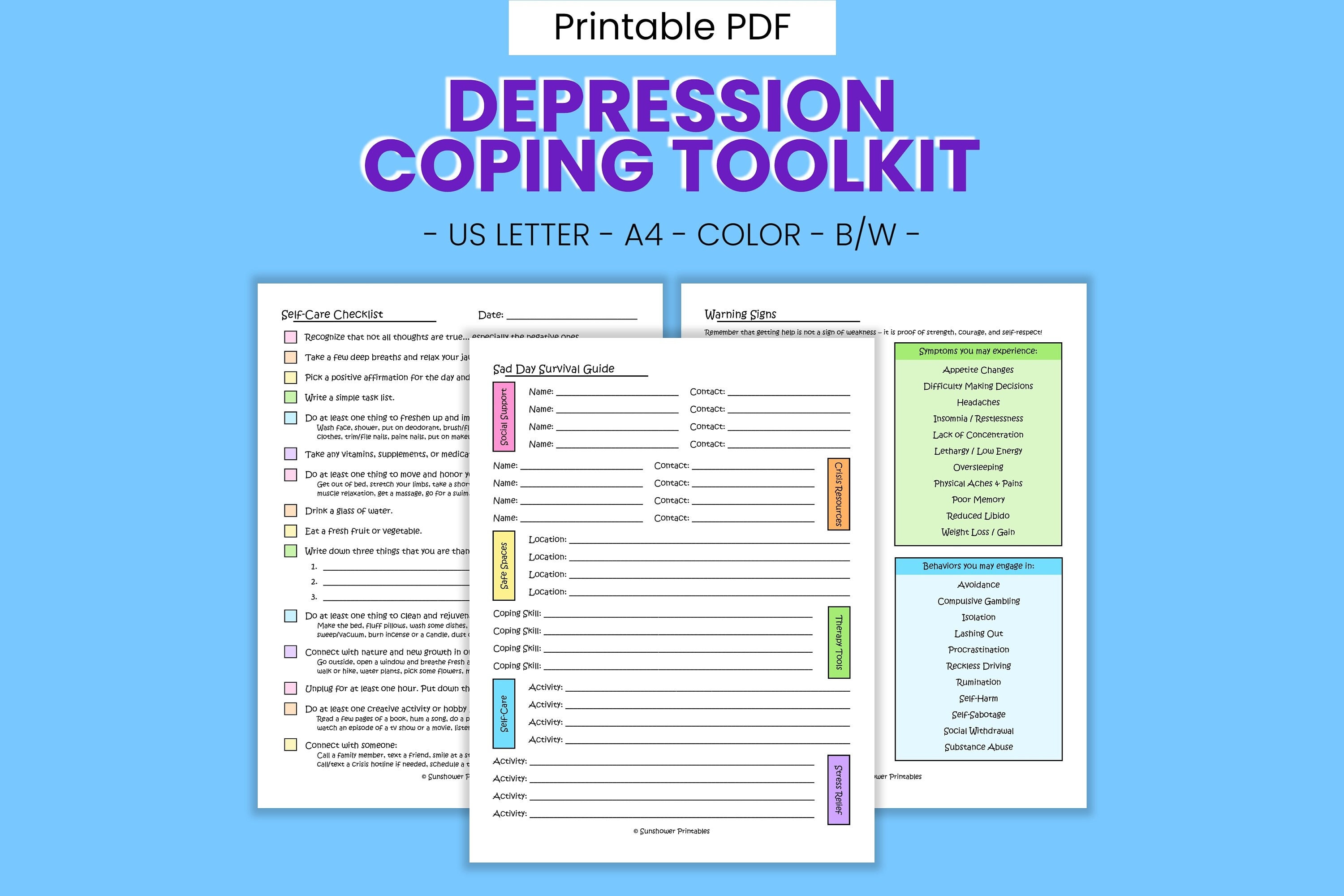 Depression Toolkit Printable Coping Worksheets - Mental Health Therapy ...