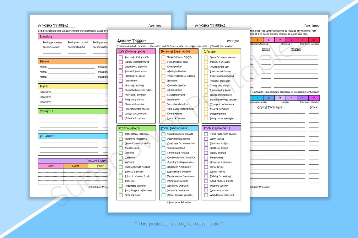 Anxiety Trigger Exploration Printable Worksheets Panic Attack Coping, Self Help Journal, Stress ...