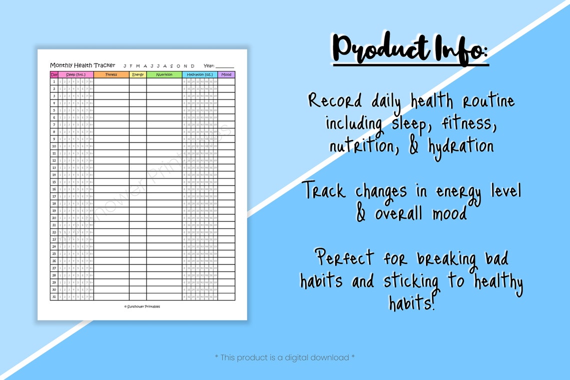 Monthly Health Tracker Printable Chart Daily Wellness Habits, Recovery ...