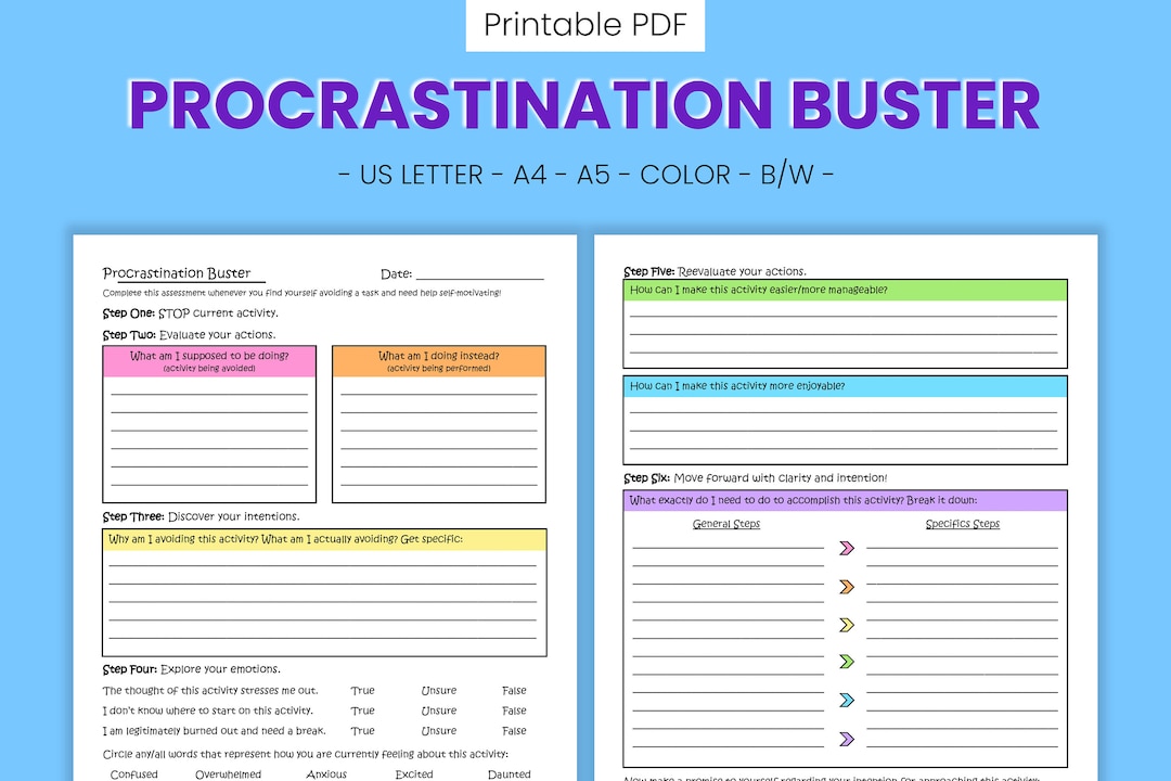 Procrastination Buster Printable Worksheets ADHD Focus - Etsy