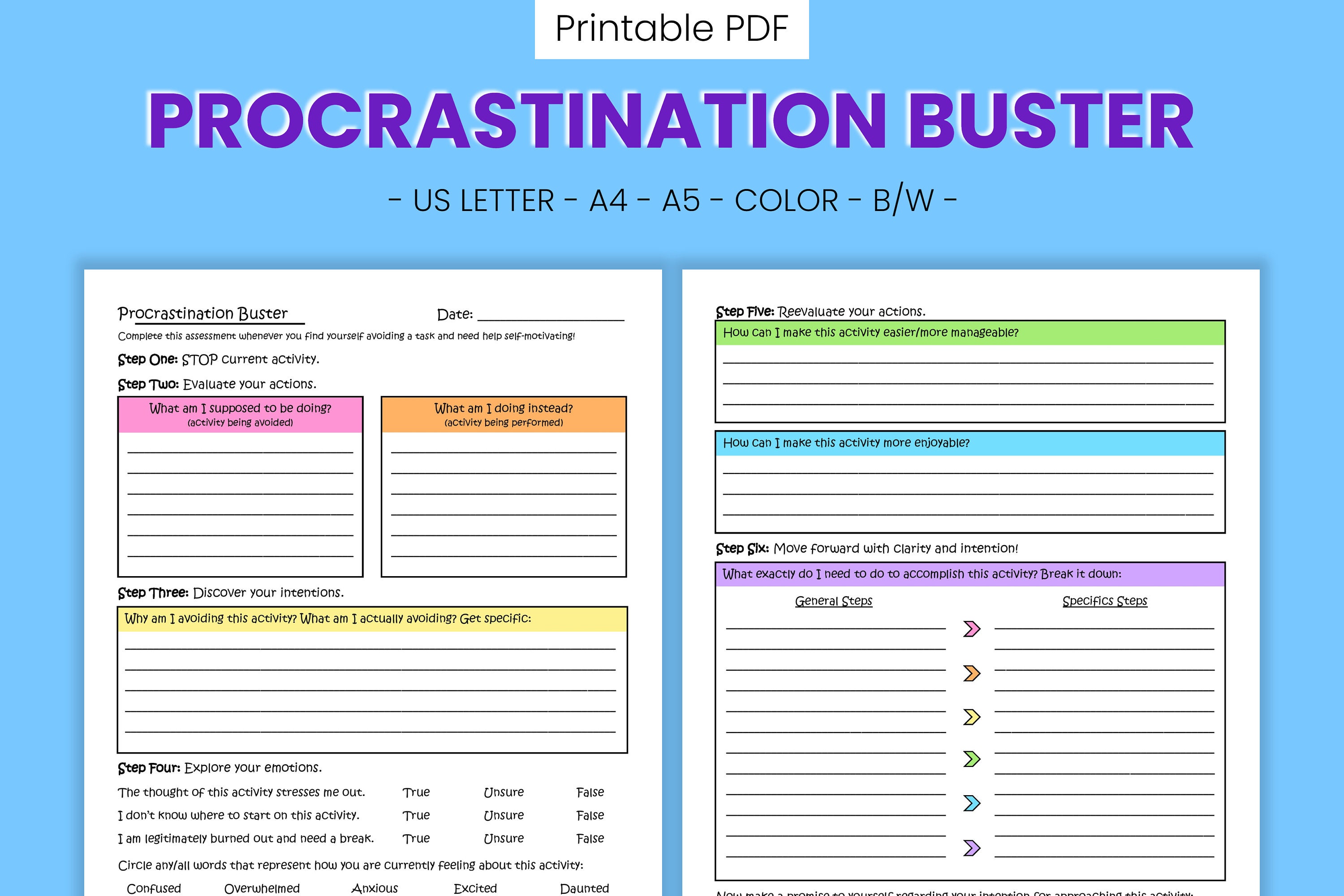 Procrastination Buster Printable Worksheets ADHD Focus - Etsy