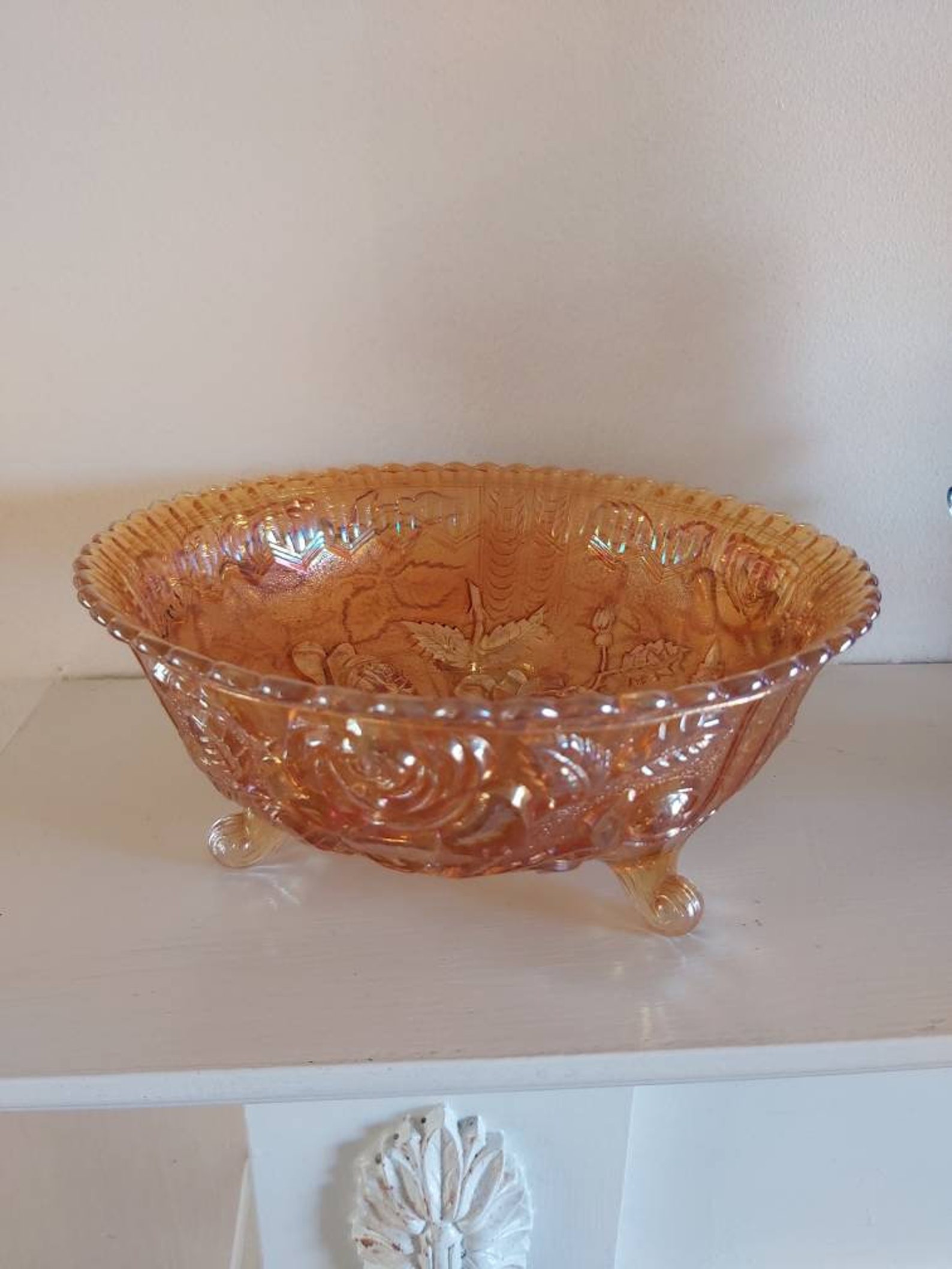 Stunning Carnival Glass Footed Fruit Bowl Marigold Bowl Floral - Etsy