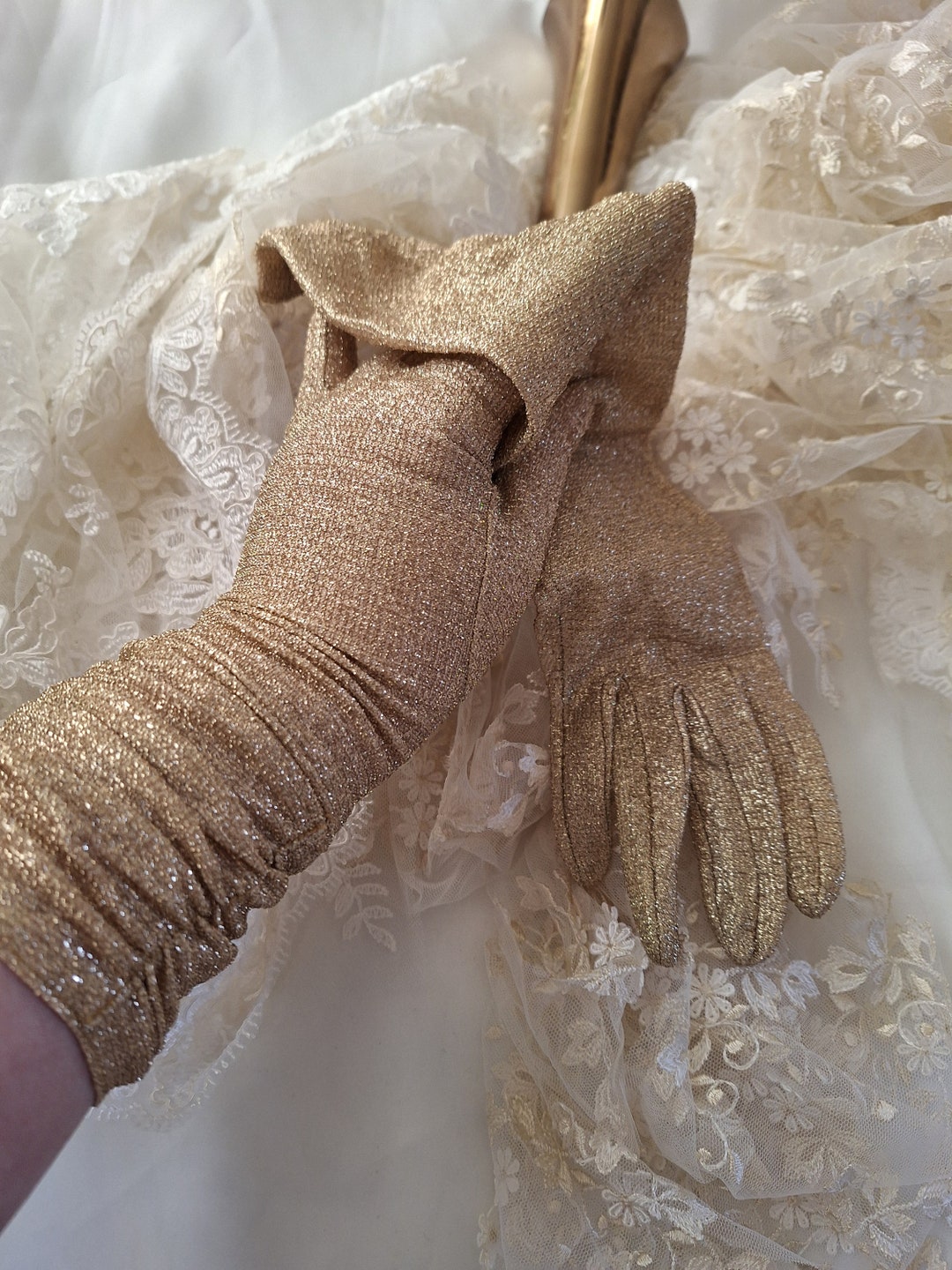 Stunning Vintage Cornelia James Gold Cocktail Gloves Designer Glitzy ...