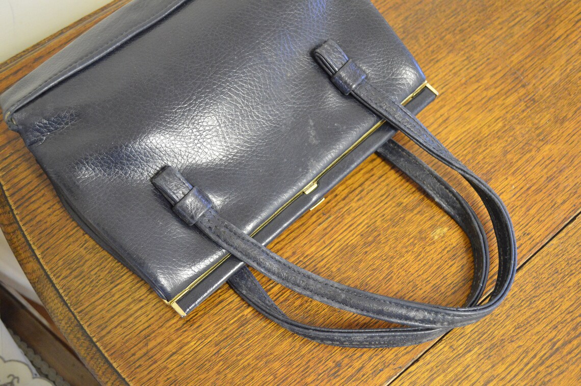 1970s Vintage Handbag/dark Blue Faux Leather Ladies Purse/ridgid Gilt ...