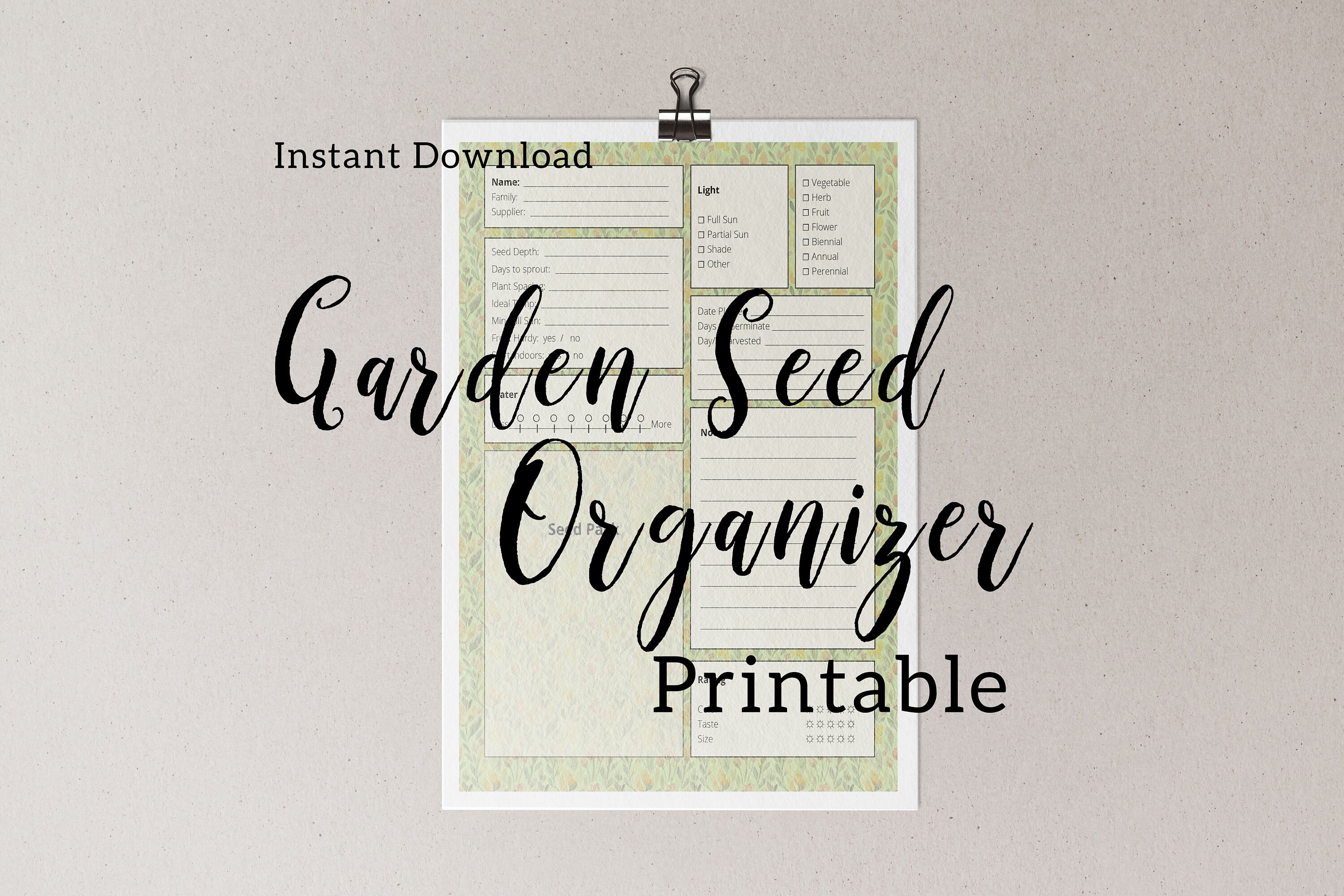 Printable Garden Seed Organizer Sheets - Gardening Planner Downloadable ...