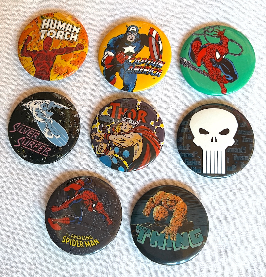 8 Marvel Button Pins Human Torch Captain America Silver - Etsy